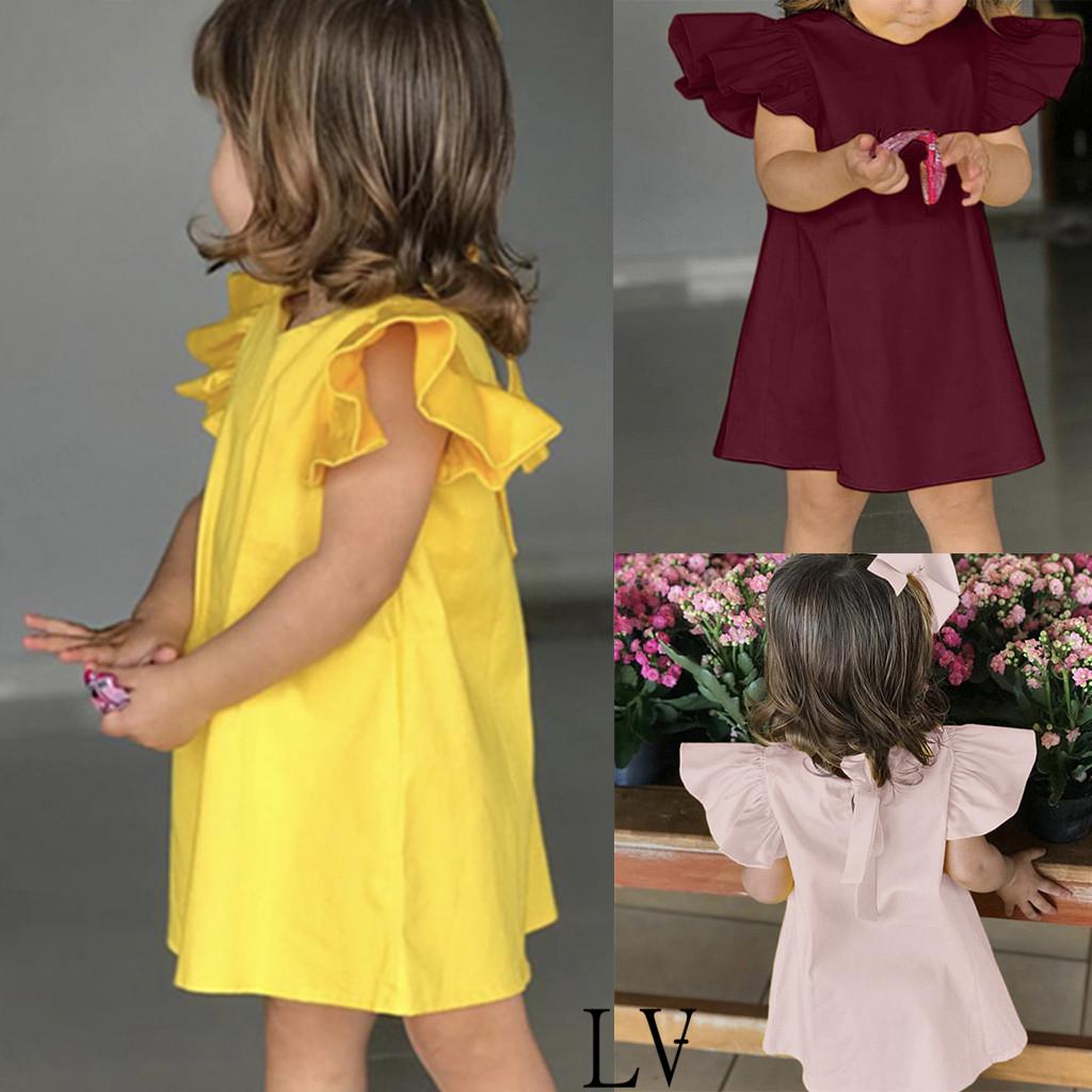 Buy Infant Baby Girls Cute Dresses Fly Sleeve Pure Color Dress Clothes ...