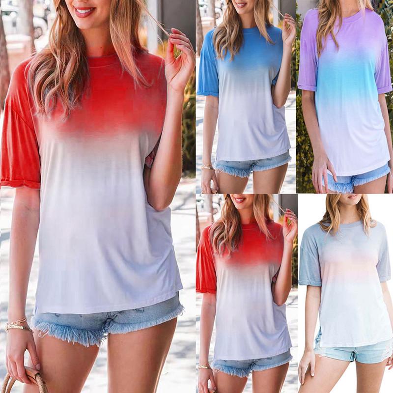 Fashion Women Short Sleeve Gradient Color T Shirt Casual Tops Blouse ...