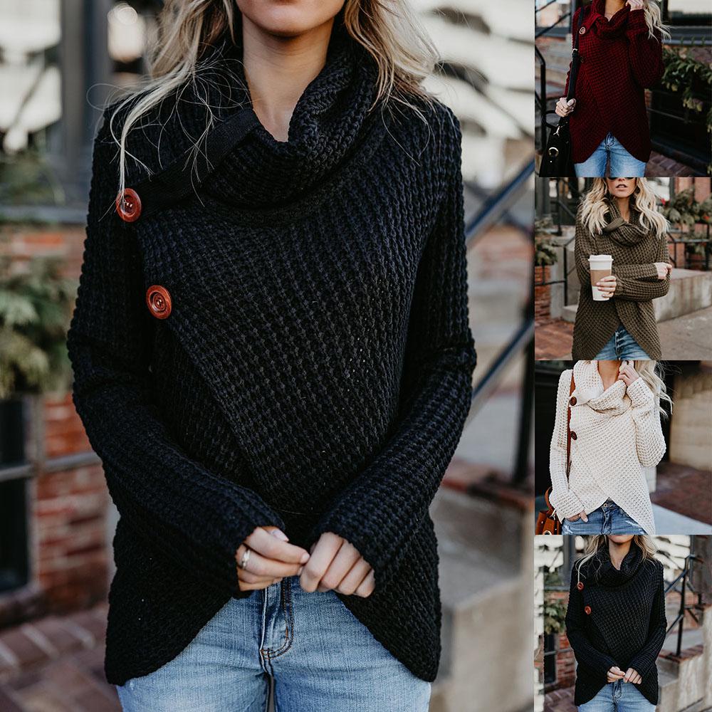 Buy Women Casual Loose Knit Irregular Sweater High Collar Pullover at ...