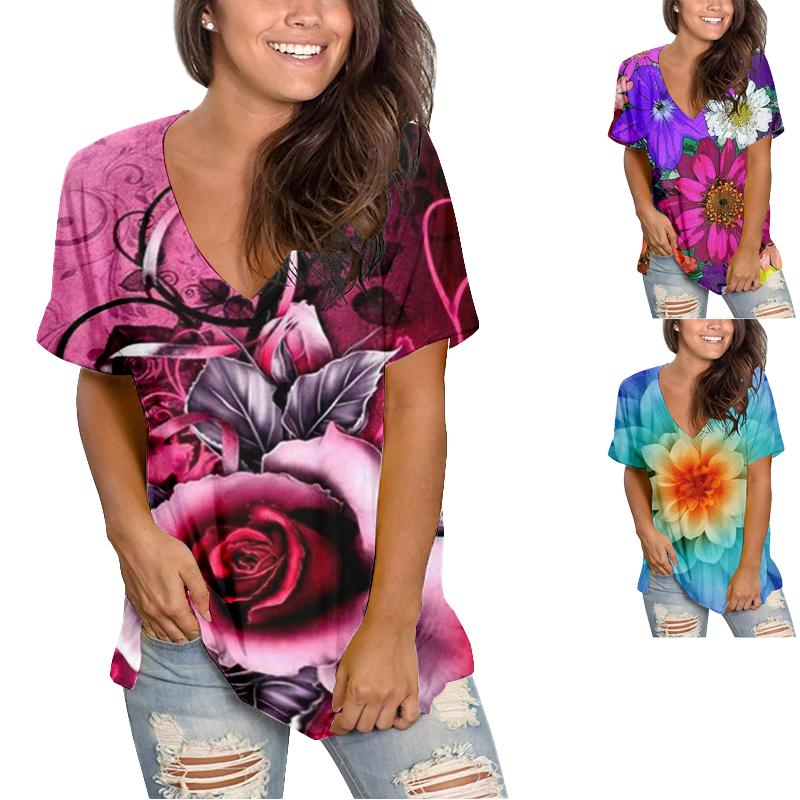 Cheap Summer Leisure Women Floral Theme Roses Print Upgrade Peach-shaped V-neck Sleeveless Tops ...