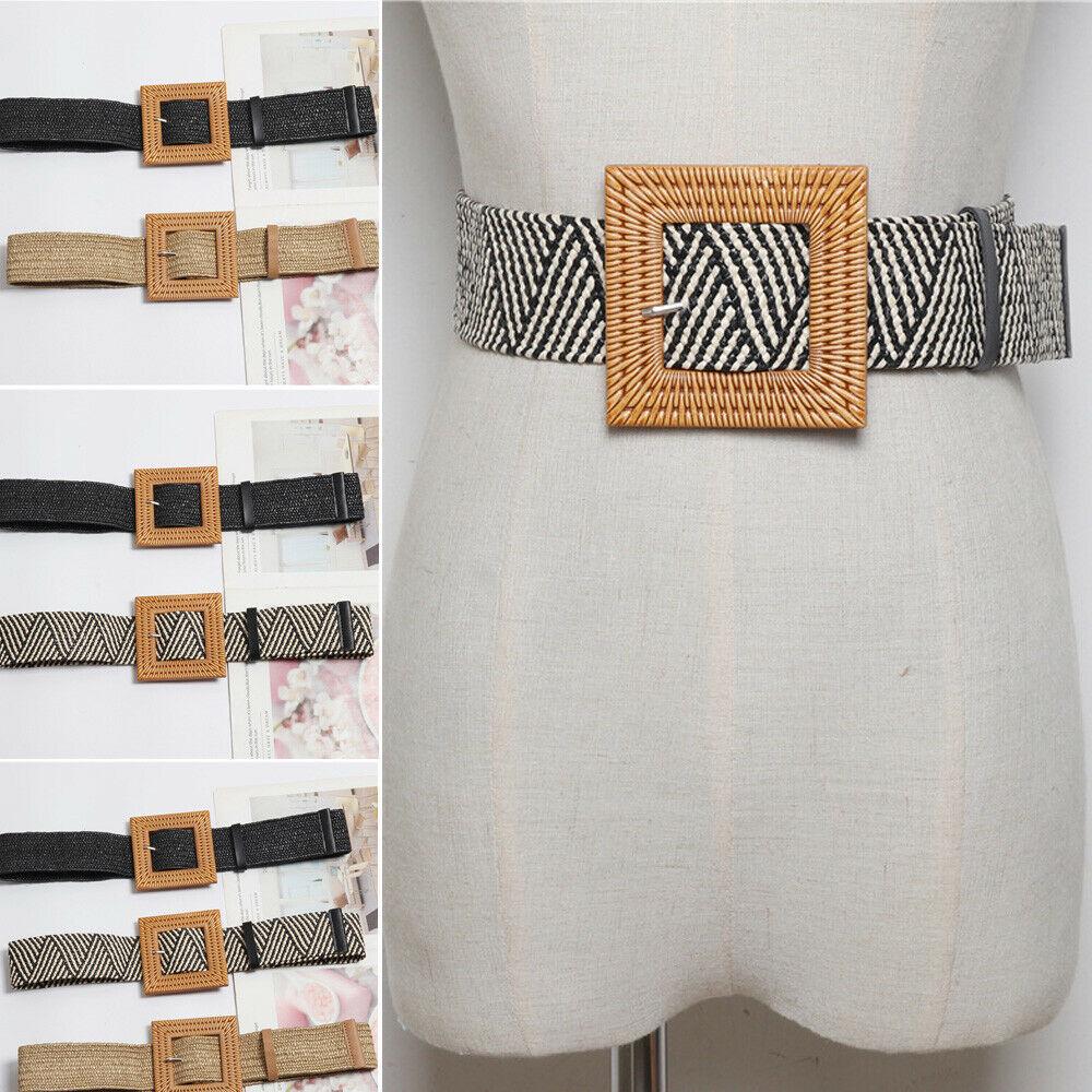 Buy Women Fashion Wooden Button Belt Elastic Straw Belt Decoration ...