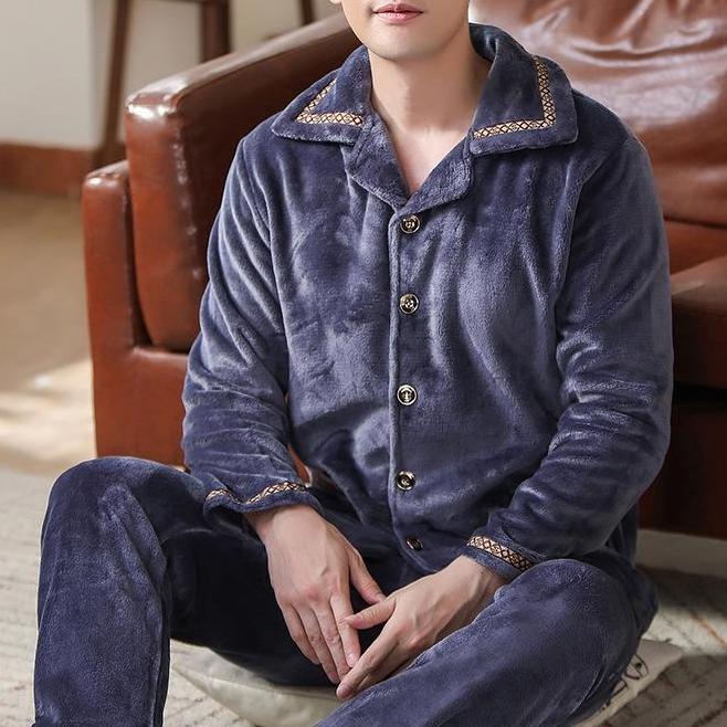 Buy Men Winter Thick Coral Fleece Pajamas Set Warm Soft Pajama ...