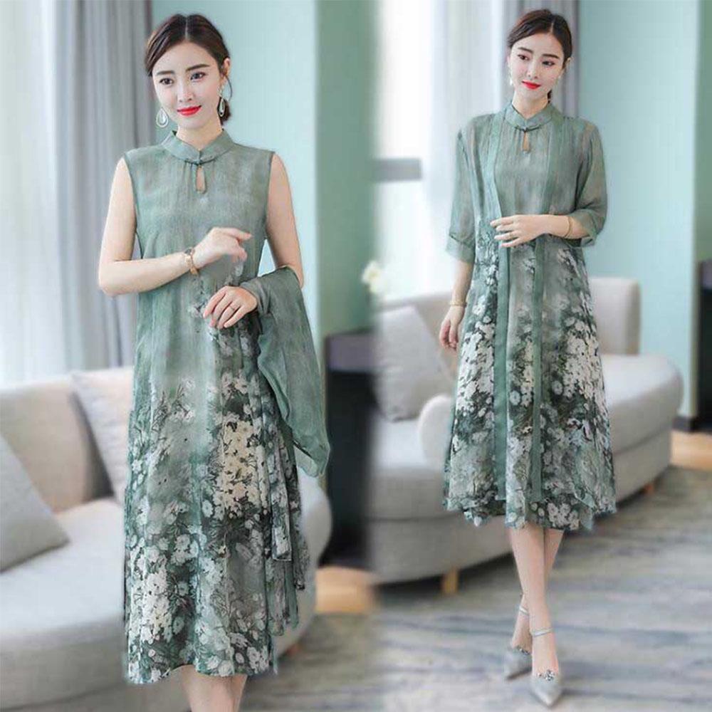 Buy Women's Chinese Style Long Sleeve Silky Texture Comfy Dress at ...