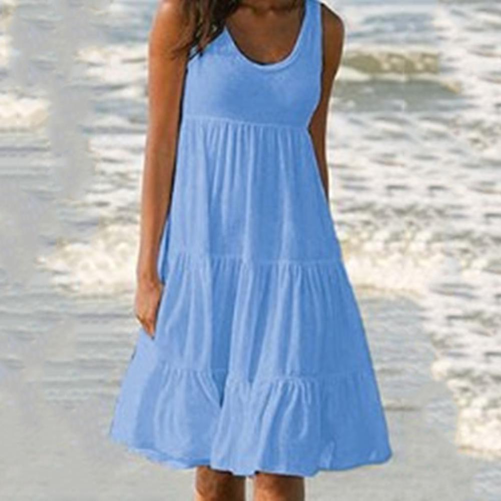 Buy Women Pleated Sundress Midi Dress Solid Color Sleeveless Summer ...