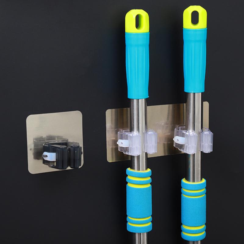 Buy Home Mop Rack No Punching Adhesive Double Hooks Rack Mounted Mop ...