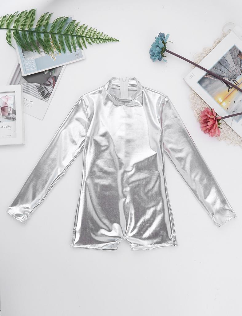 Buy Kids Jumpsuit Unitard Girls Long Sleeves Mock Neck Shiny Metallic ...