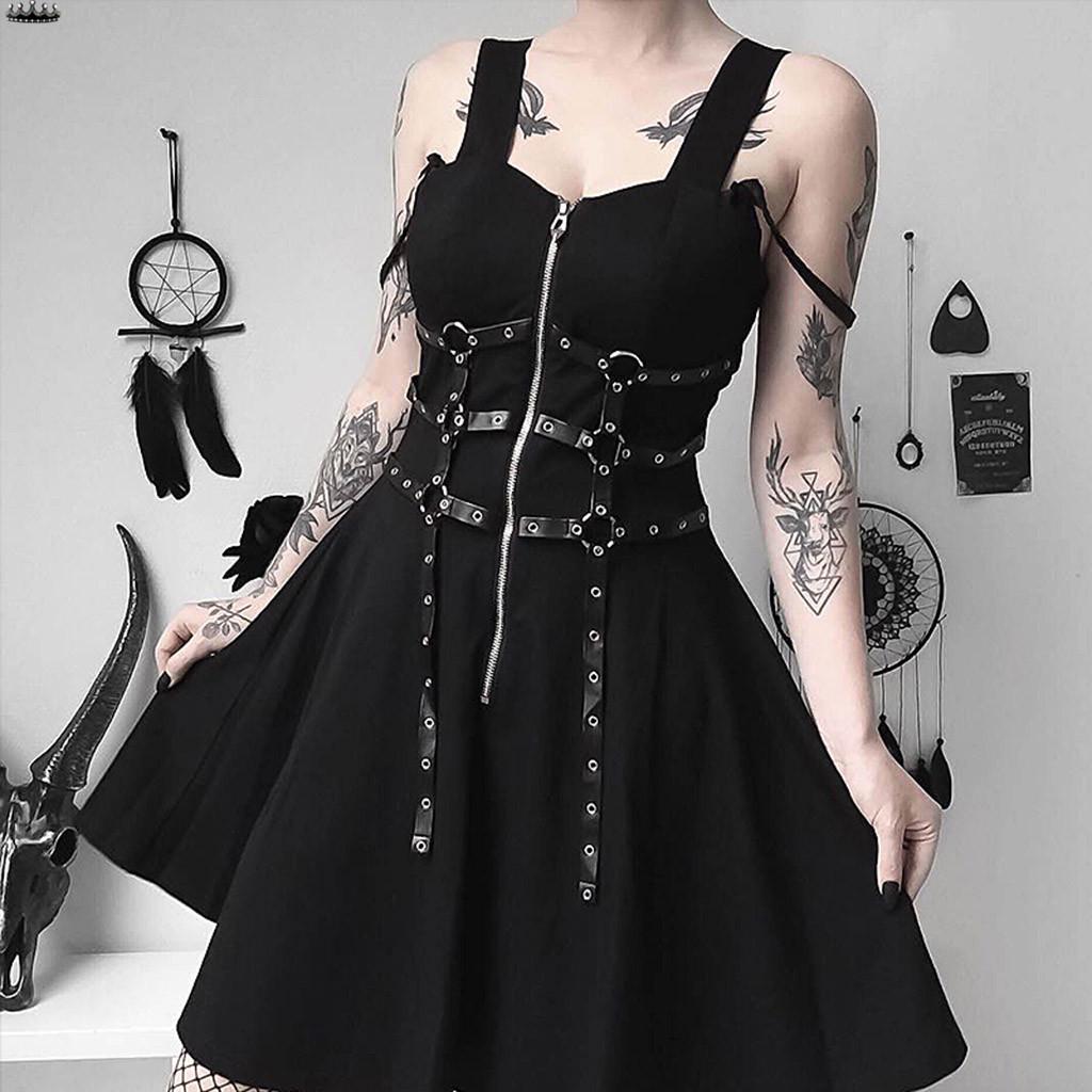 Buy Women Black Zipper Pleated Strap Dress Gothic Street Punk Wind ...