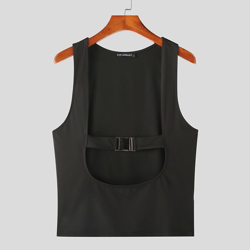 Buy INCERUN Men's Summer Hollow Out Solid Color Design Buckle Vest at ...