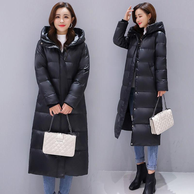 Buy Winter Mid-length Thick Padded Coat Over The Knee Shiny Hooded ...