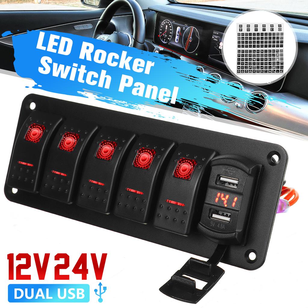 Buy 6 Gang LED Rocker Switch Panel Digital Voltmeter Dual USB Port 12V ...