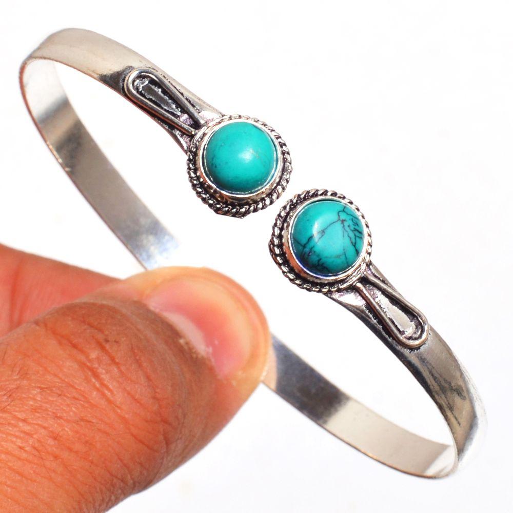 Buy Turquoise 8mm Round Gemstone Silver Plated Adjustable Cuff Bangle ...