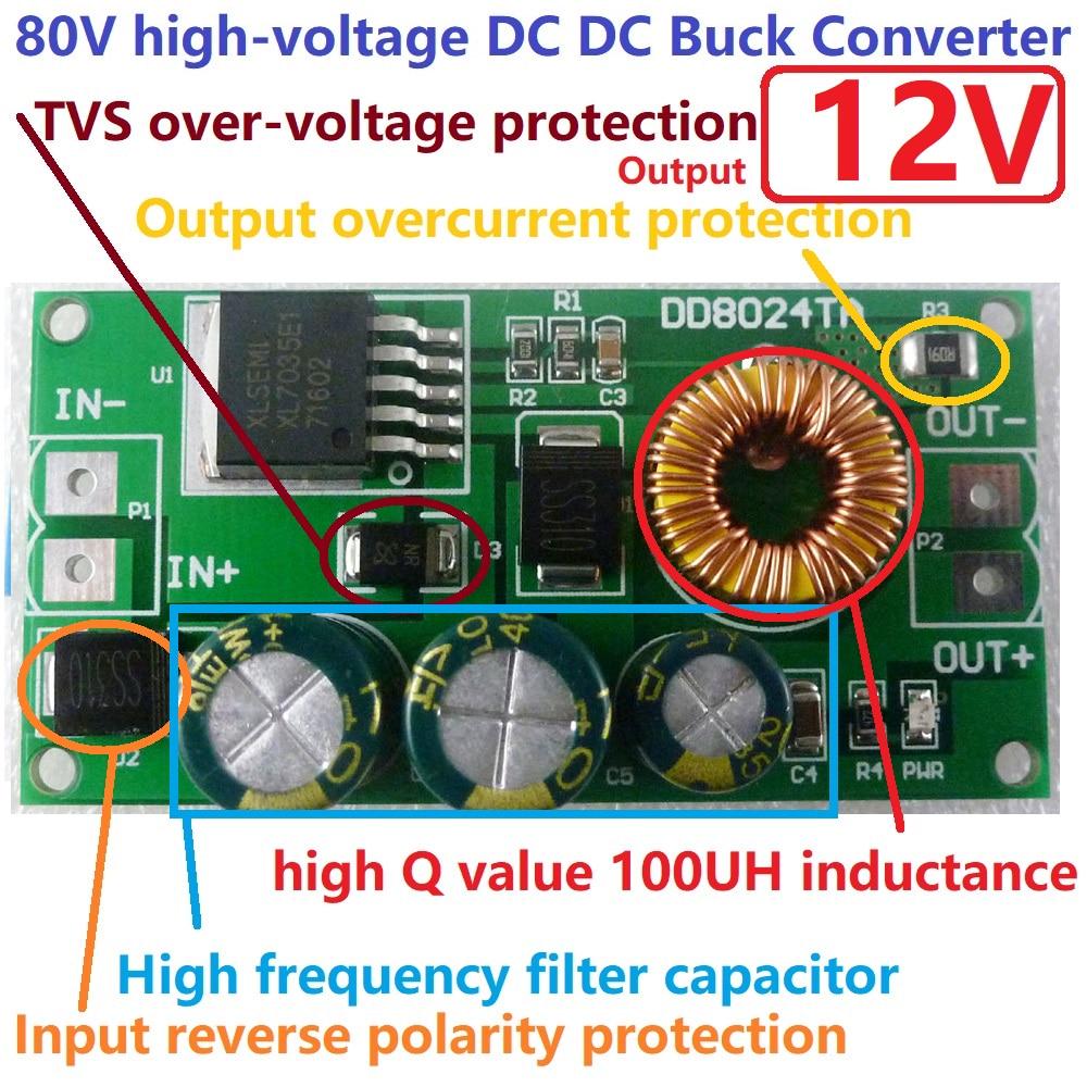 DC 80V 72V 64V 60V 48V 36V 24V To 12V HV DC-DC Buck Step-Down Converter Voltage Regulator Board ...