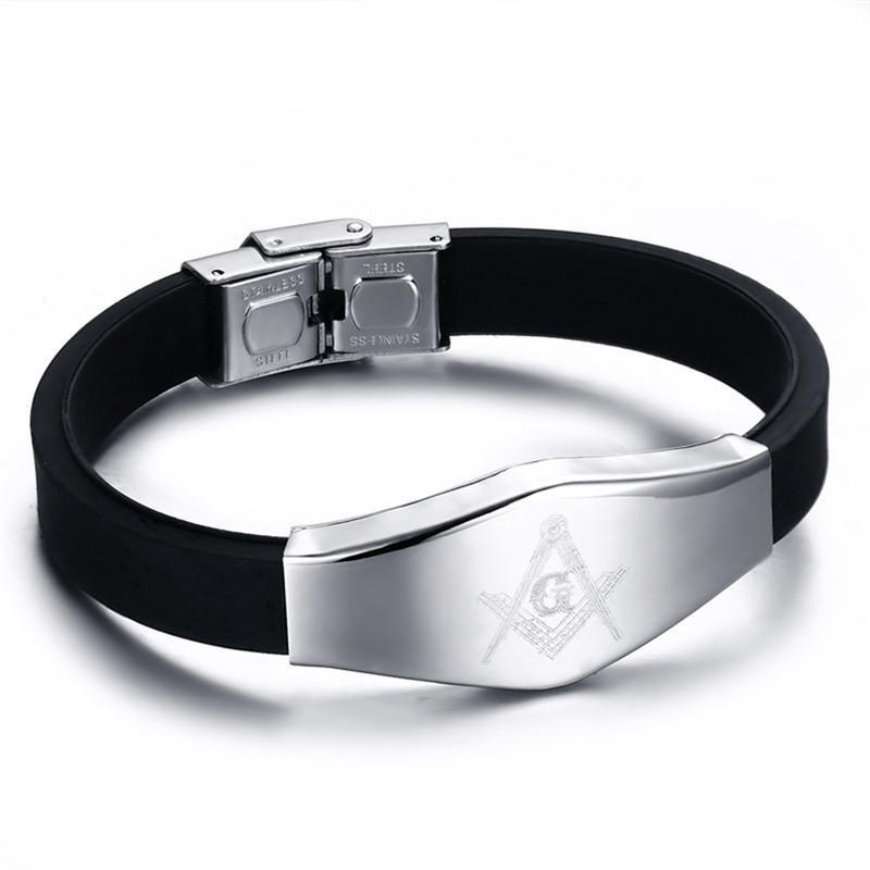 Stainless Steel Black Silicone Masonic Mason Master Bangle Bracelet ...
