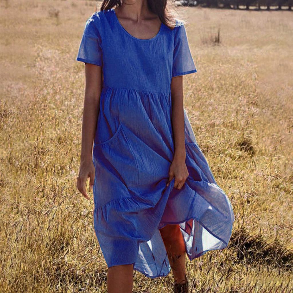 Buy Women Pure Color Pockets Short Sleeve Cotton And Linen Easy Sandy ...