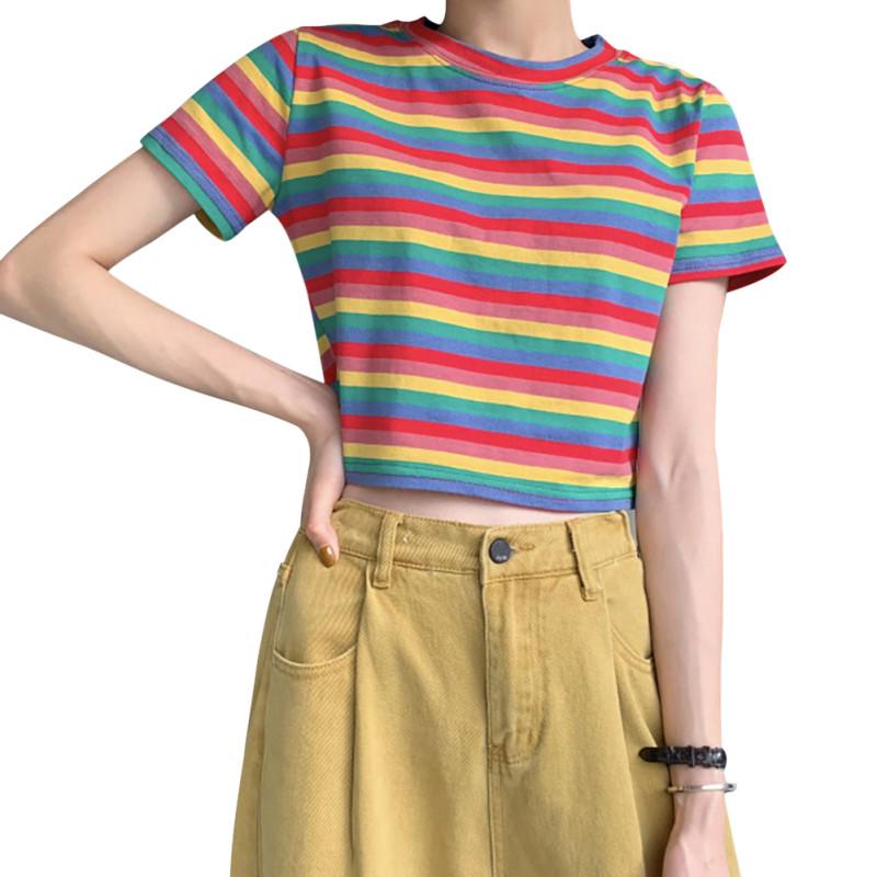 Buy Women's Casual O Neck Rainbow Striped Short Sleeve Pullover Crop ...
