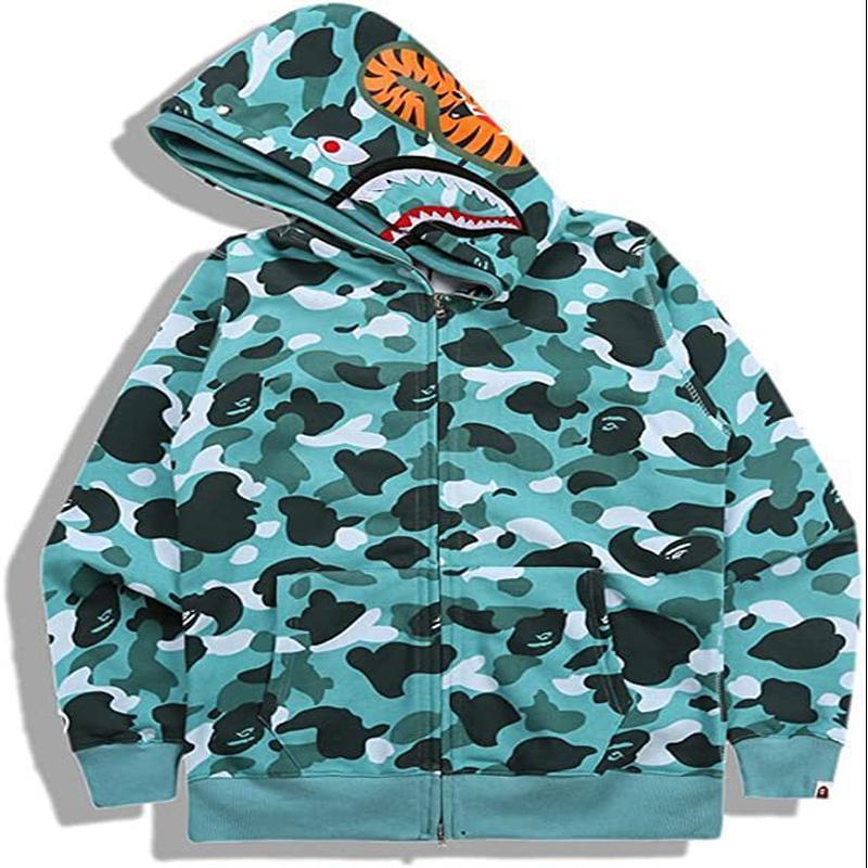 Buy Tide brand shark head 3D printing camouflage zipper hooded long ...