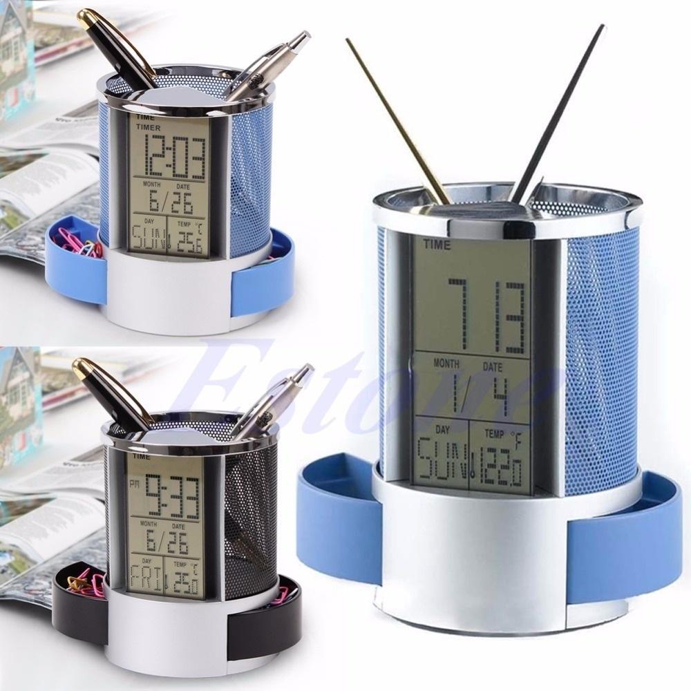Buy Office Digital LCD Desk Mesh Pen Pencil Holder Time Temp Calendar ...