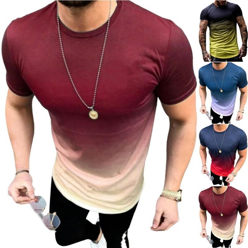 Buy Men T-shirt Summer Leisure Gradient Colour Crew Neck Short Sleeve ...
