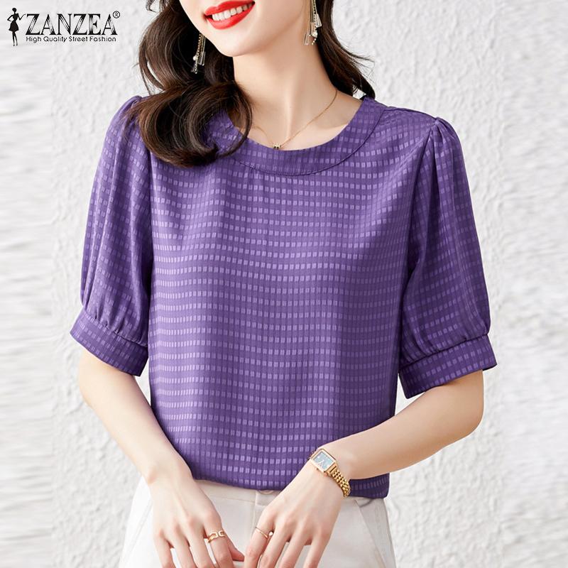 ZANZEA Женские летние повседневные блузки с коротким рукавом и круглым ...