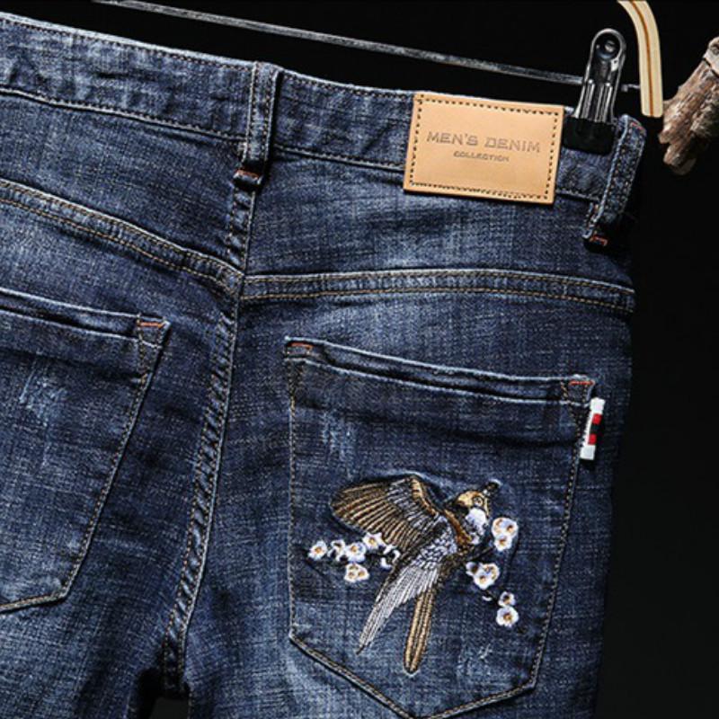 Buy New Small Straight Stretch Jeans Embroidered Slim Men's Tide Pants ...