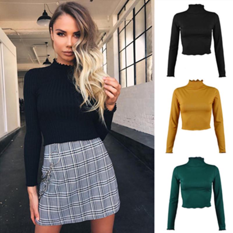 Buy Sexy Knit Ultrashort Top Women Long Sleeve Turtleneck T Shirt ...