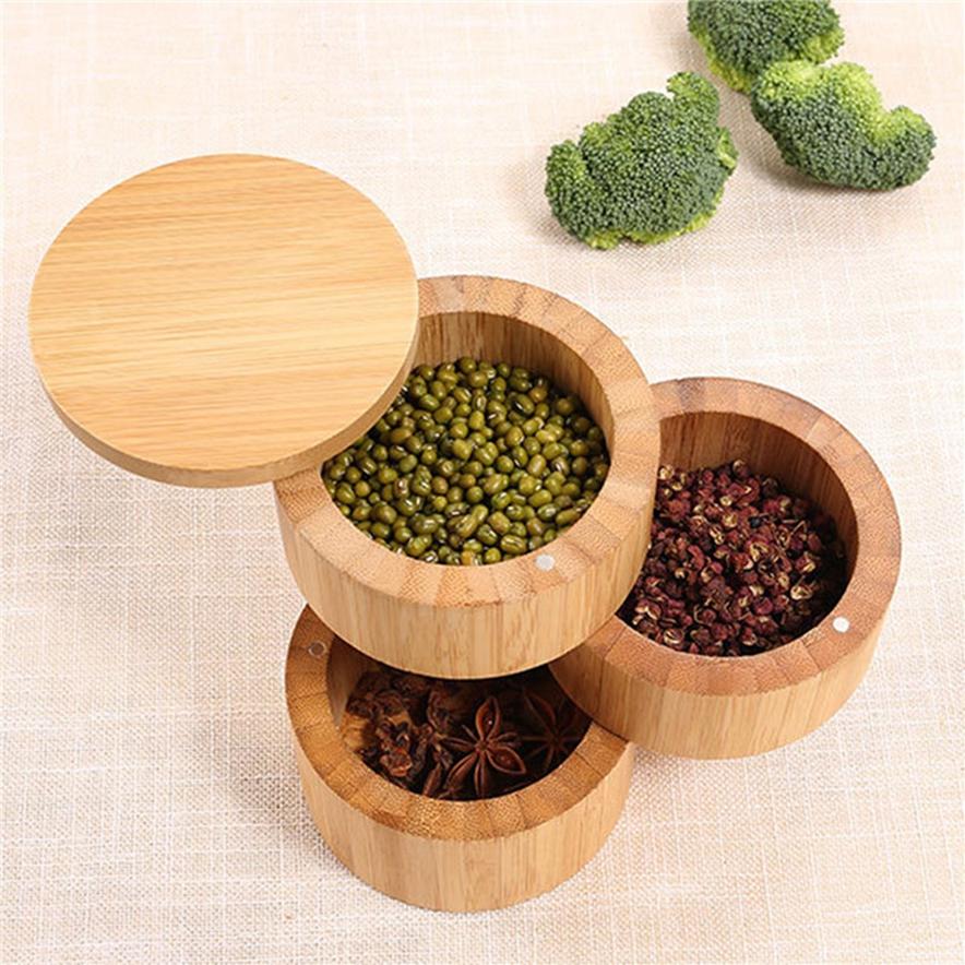 Buy Kitchen Bamboo Seasoning Jar Salt Shaker Round Seasoning Box at ...