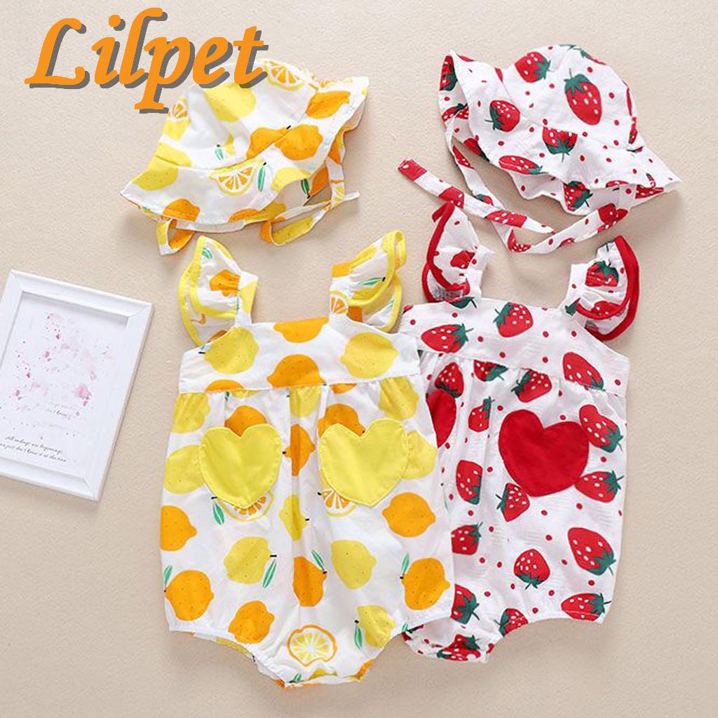 Buy Straps Fruit Print Romper Sunsuit Hat Newborn Infant Baby Girls ...