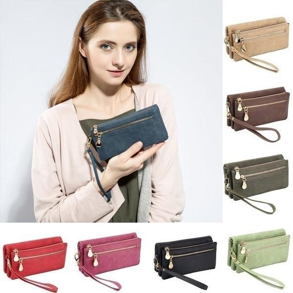 Long Wallet Dull Leather Purse Double Zipper Day Clutches Wristlet ...