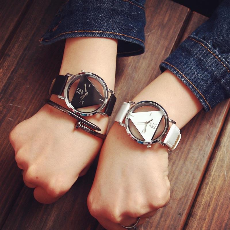 Fashion Triangle Transparent Watch Women Men Watches Leather Strap ...