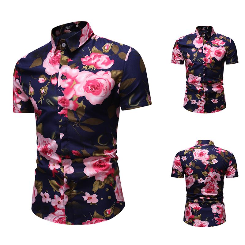 Buy Mens Pink Flowers Printing Summer Cool Beach Shirt Short Sleeved ...