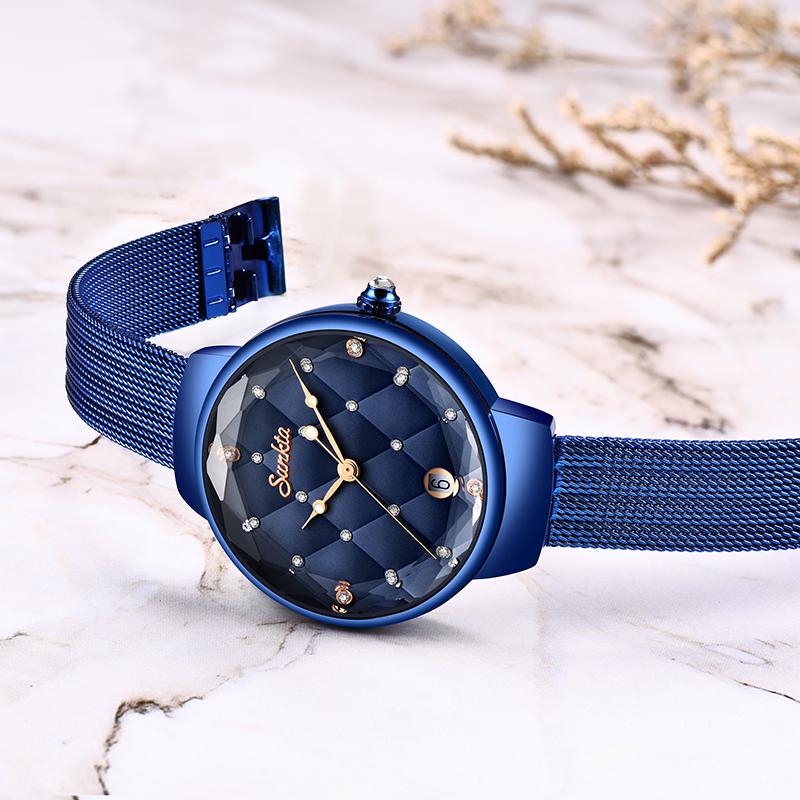 Buy SUNKTA Women Fashion Blue Quartz Watch Lady Leather Watchband High ...