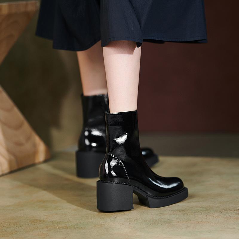 Cheap Women's Fall New Patent Leather Chunky Heel Stretch Boots ...