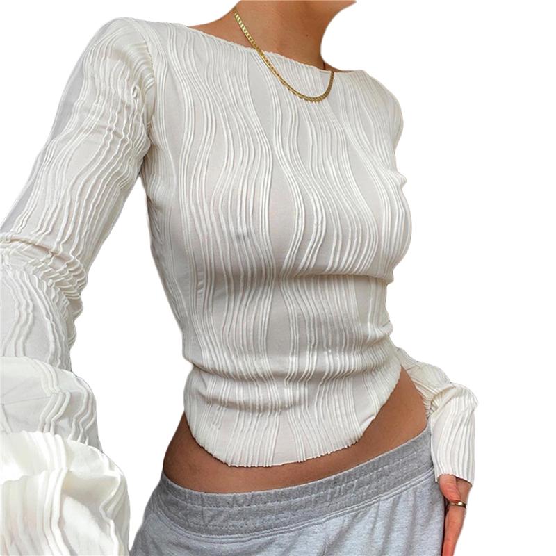 Xingqing Autumn Crop Top Long Sleeve Ruched Shirt Solid Color Pleated ...
