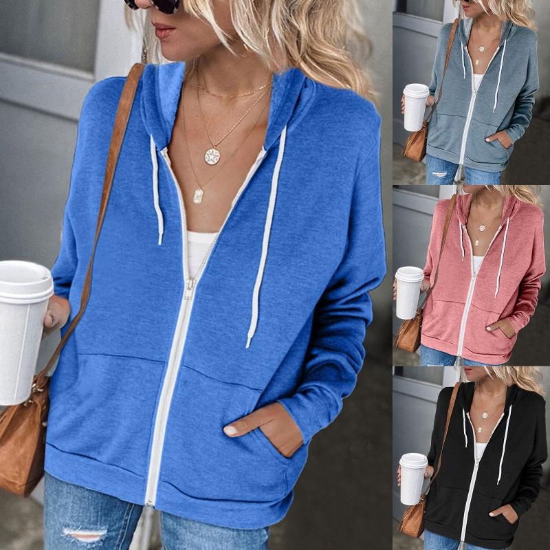 Cheap Women Long Sleeve Hoodies Jacket Simple Solid Color Zip Up