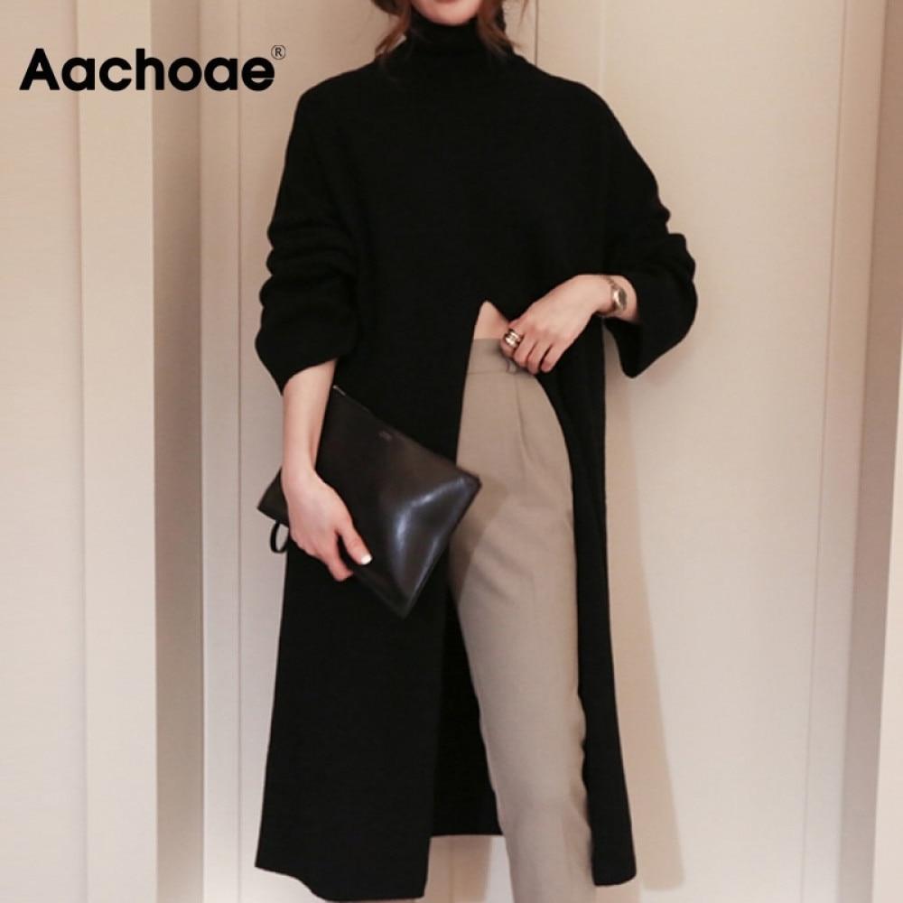 Buy Fashion Knitted Turtleneck Long Sweater Women Front Split Office ...