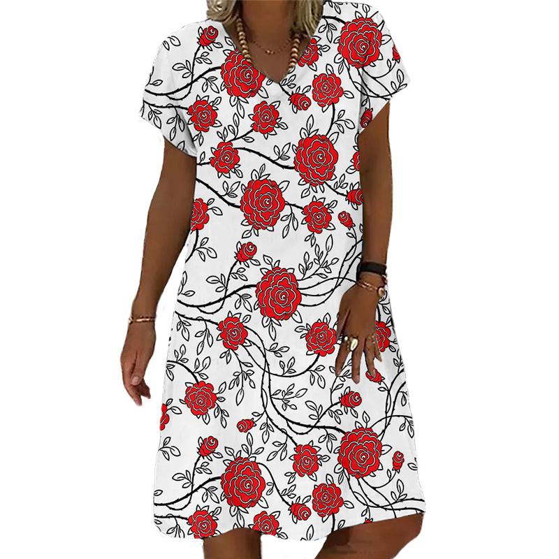 Satın alın Summer Fashion V-neck Dress Ladies Short Sleeve Printed Big ...