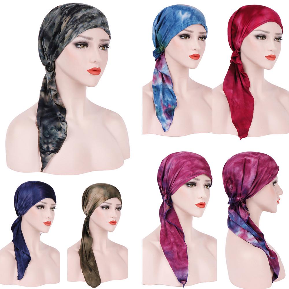Buy Women India Muslim Stretch Turban Hat Tie-dye Cotton Hair Loss Head ...