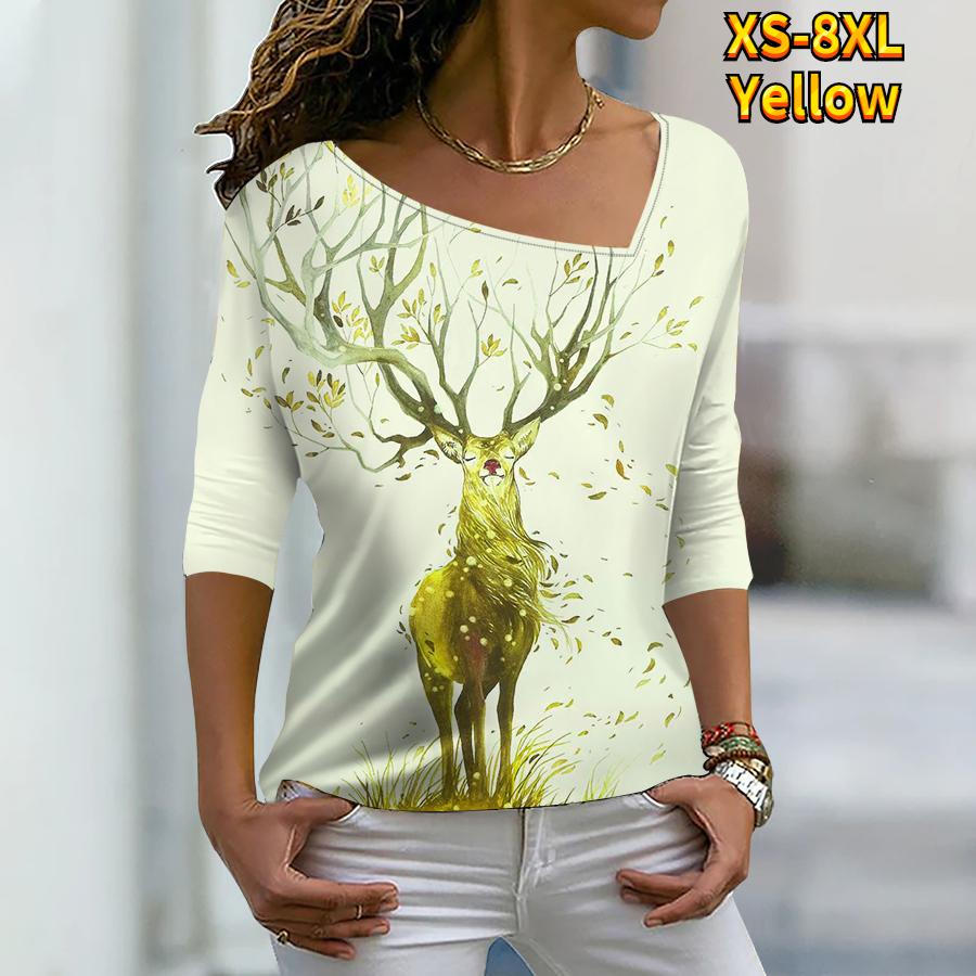 Buy Spring Autumn Women T-shirts Diagonal Collar Colorful Plum Deer ...