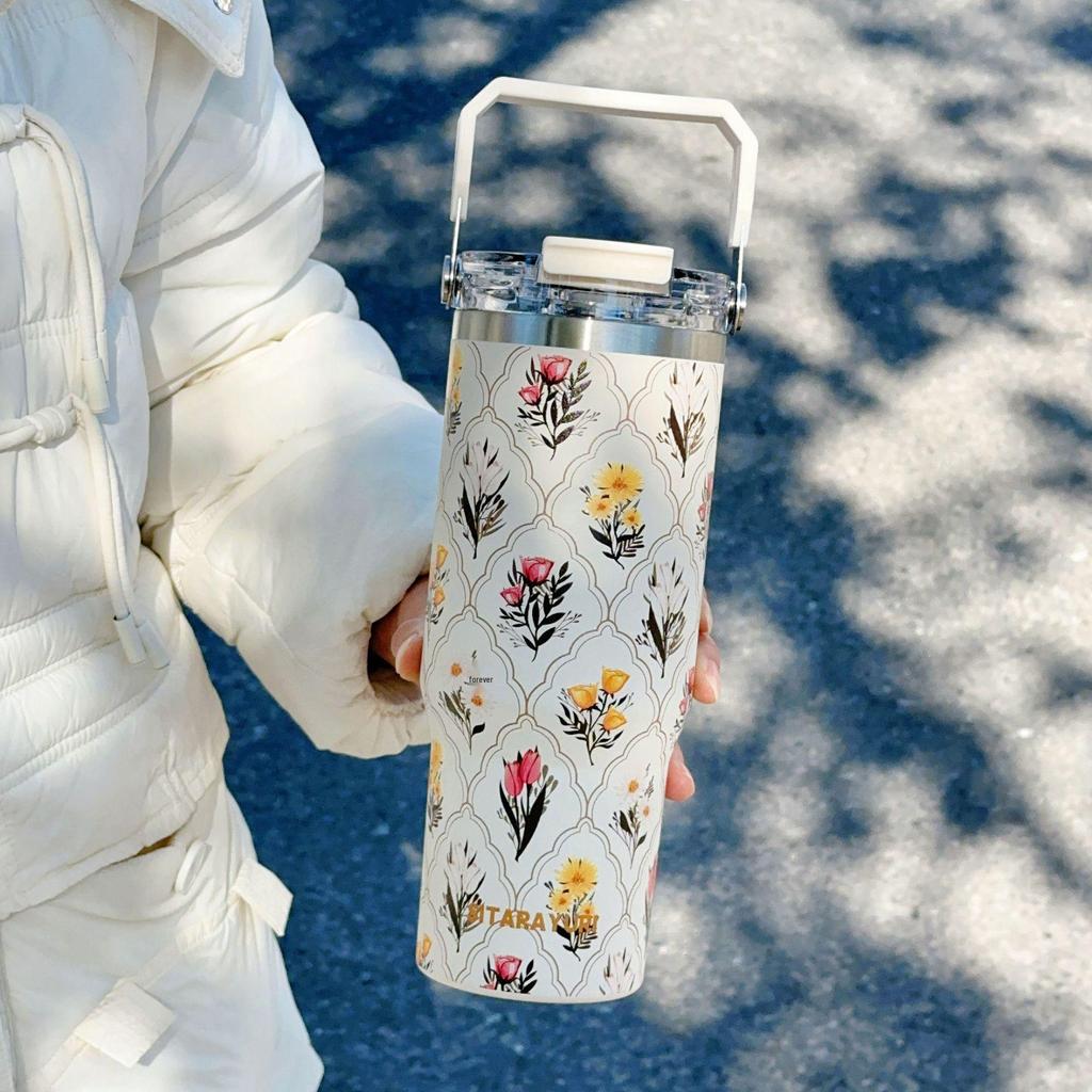 SITARAYURI 3D Flower Ice Cup, Large Capacity Portable Thermos Cup ...