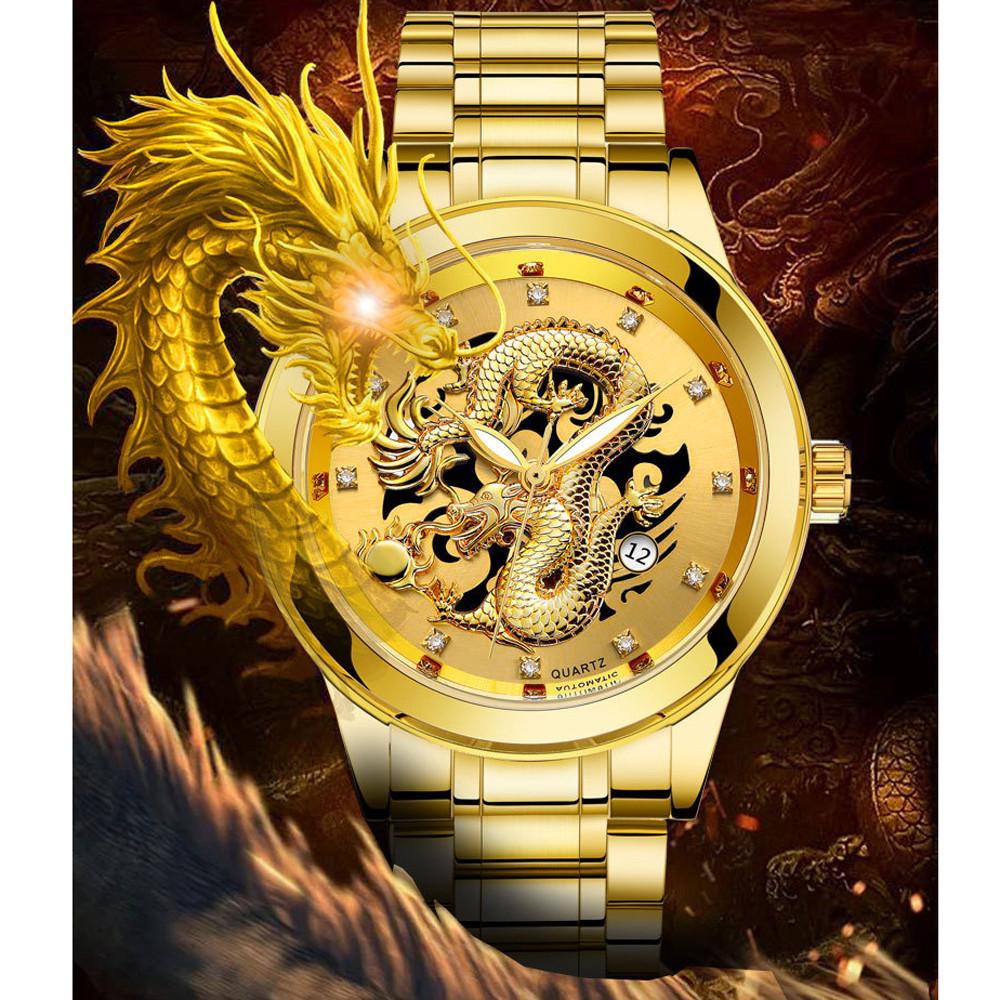 Buy Waterproof Mens Gold Dragon Sculpture Quartz Watch Luxury Men Steel ...