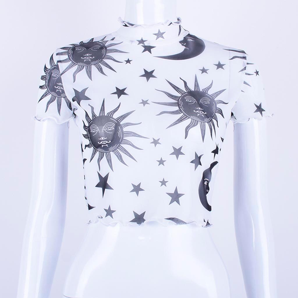 Buy Hot Design Womens Mesh Sheer Crop Tops Sun Moon and Star Print ...