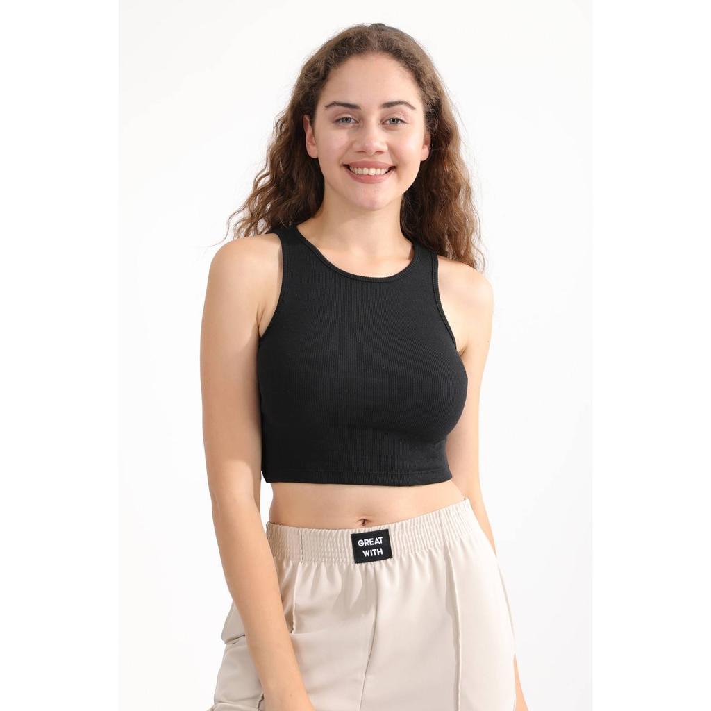 Kaufe Women's Stylish Black Ribbed Strap Super Crop Tank Tops Knitted ...