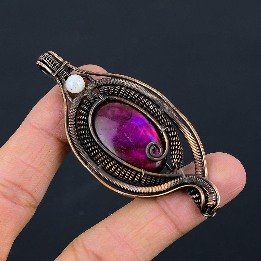 Kaufe Rosa Flash Labradorit, Mondstein Edelstein, reiner Kupferdraht umwickelt, handgefertigter ...