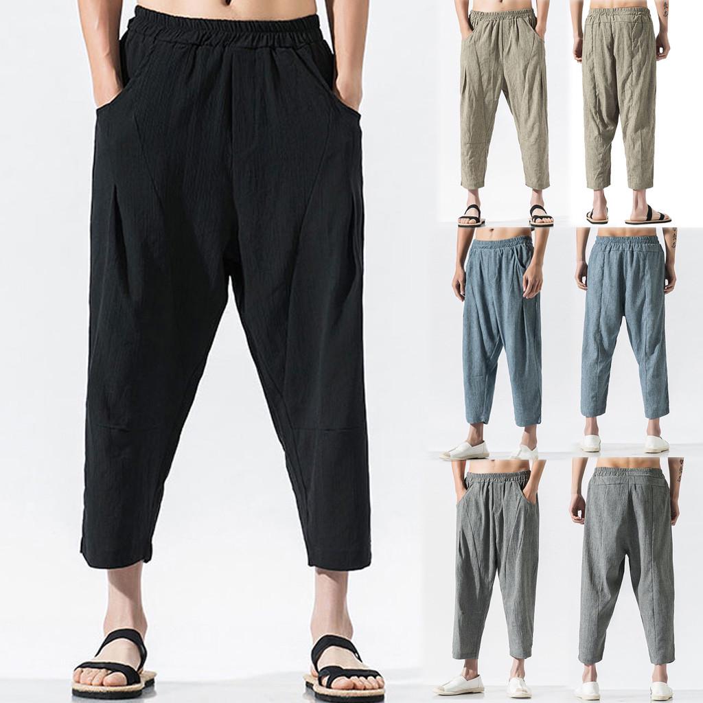 Buy Men Casual Vintage Loose Cotton Linen Pure Color Comfort Calf ...