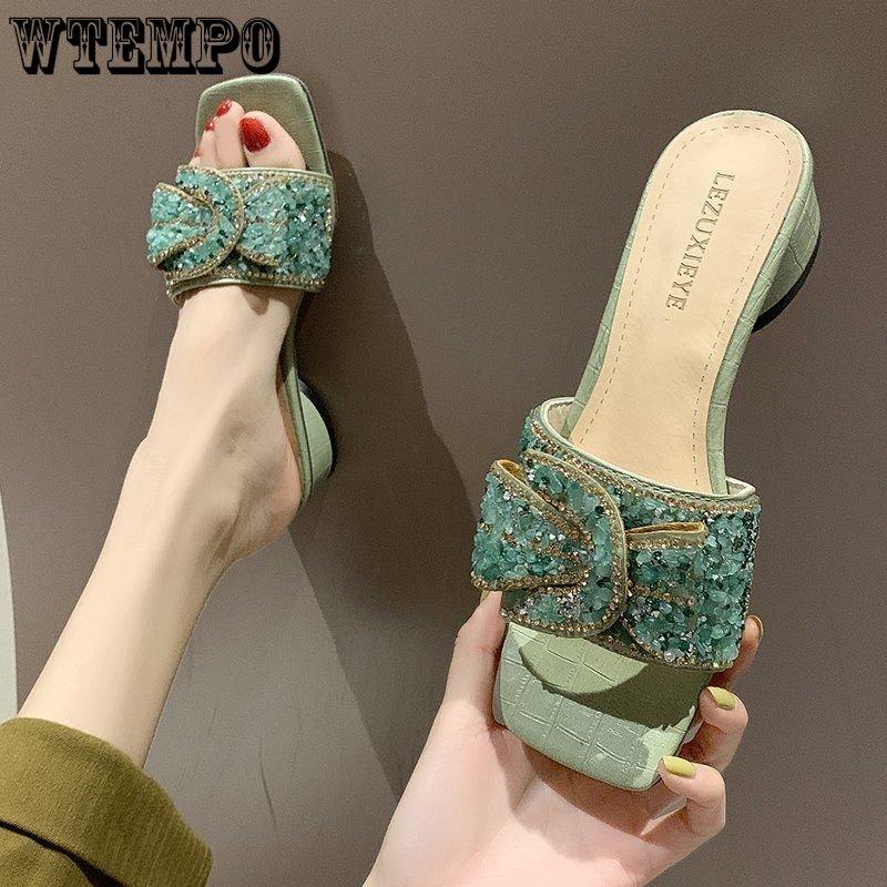 Satın alın Women Summer Mesh Slippers Ladies Rhinestone Bow Thick ...