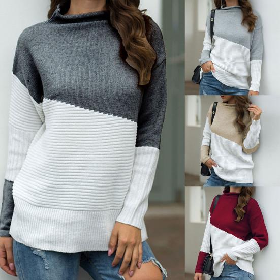 Popular Knitted Top Rolled Half Turtleneck Knitwear Color Block ...