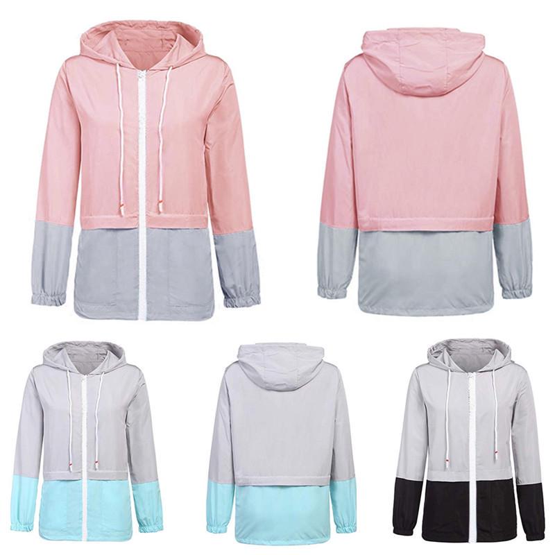 Colorblock Hooded Trench Coat Women Long Sleeve Zipper Jacket Outdoor ...