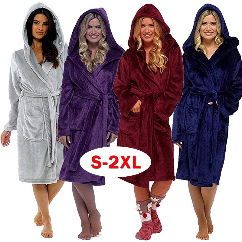 Winter Warm Fleece Hooded Nightgown Women Plush Cadigan Sleepwear ...