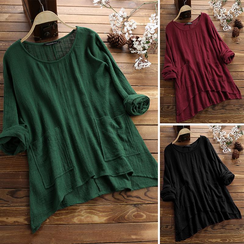 Buy Plus Size Shirt Women's Retro Solid Color Blouse Irregular Pocket ...