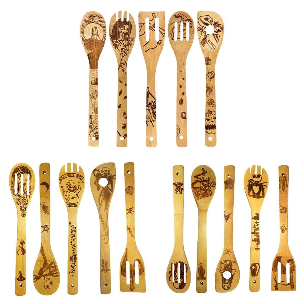 Satın alın 5 Pieces Halloween Wooden Spoons Set Burned Cooking Utensil ...